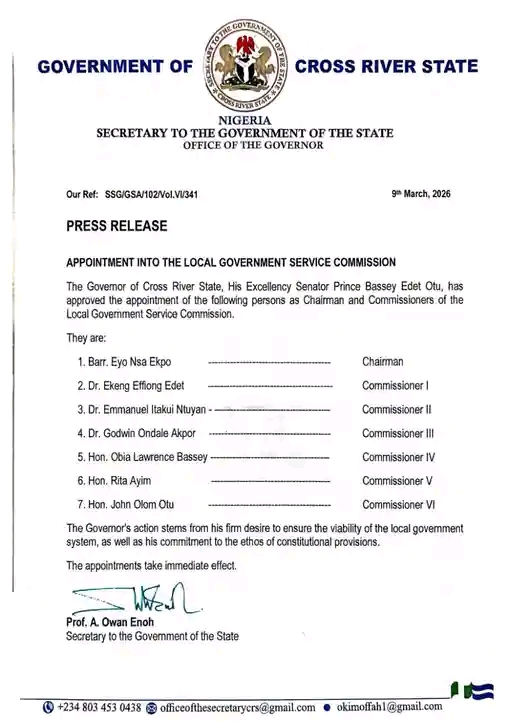 Governor Bassey Otu Appoints New Leadership for Cross River Local ...